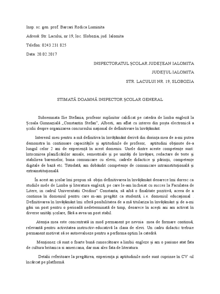 Scrisoare De Intentie Definitivat Pdf