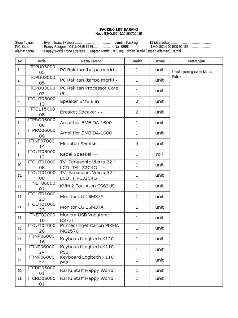 Packing List Barang | PDF