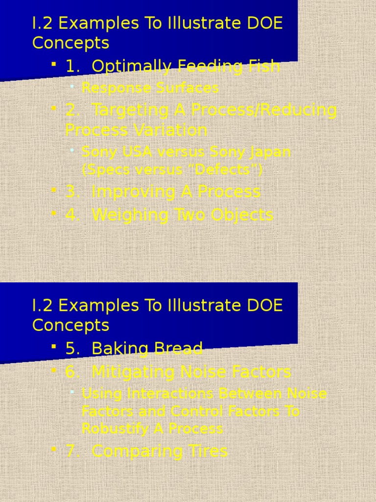 I.2 Examples To Illustrate DOE Concepts 1. Optimally Feeding Fish 2 ...