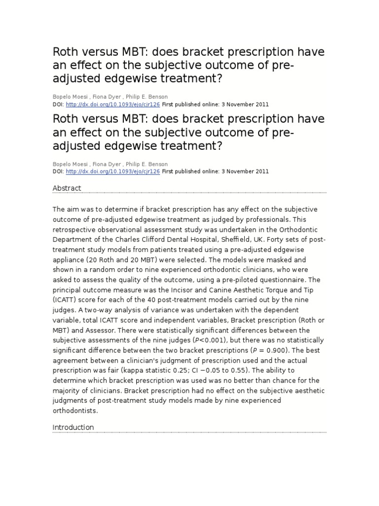Roth Versus MBT | PDF | Analysis Of Variance | Orthodontics