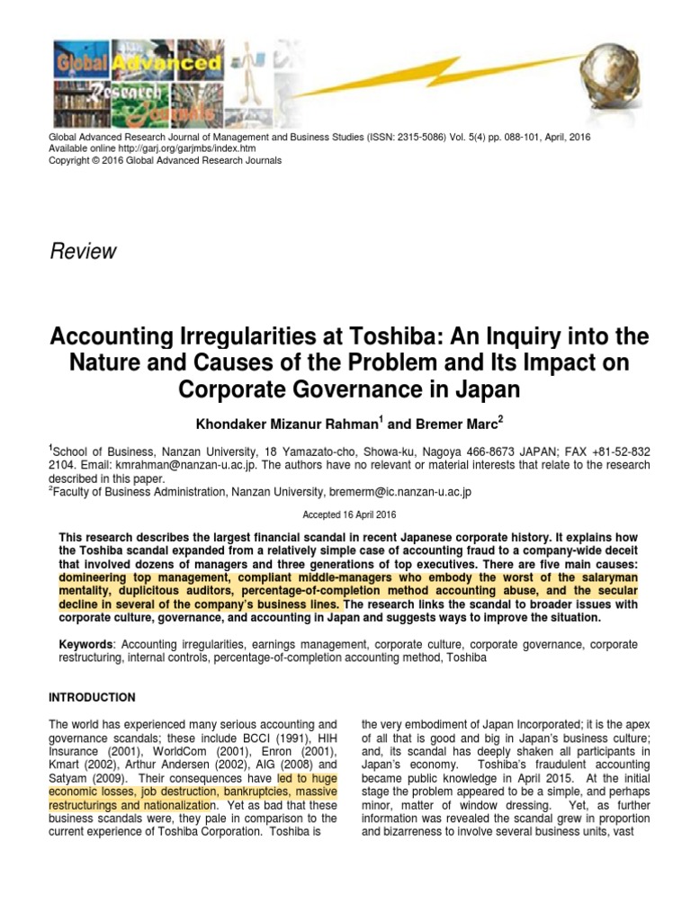 Accounting Irregularities at Toshiba An Inquiry Into The Nature and ...