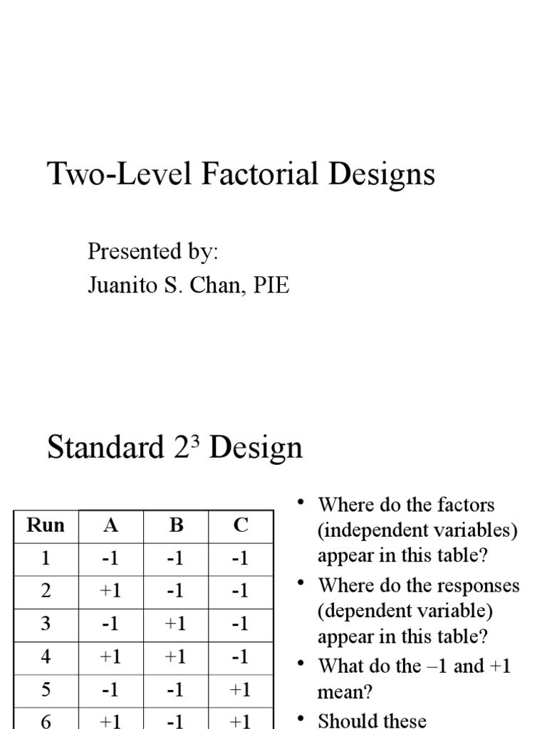Two-Level Factorial Designs: Presented By: Juanito S. Chan, PIE | PDF ...
