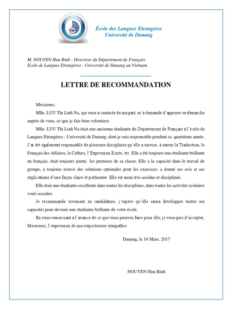 Lettre de recommandation pour Mlle Luu Na | PDF