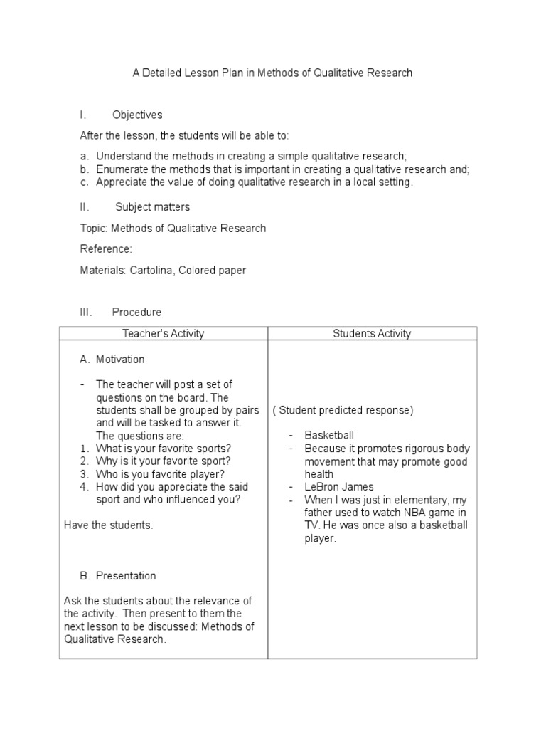 A Detailed Lesson Plan in Research 1 | PDF | Observation | Qualitative ...
