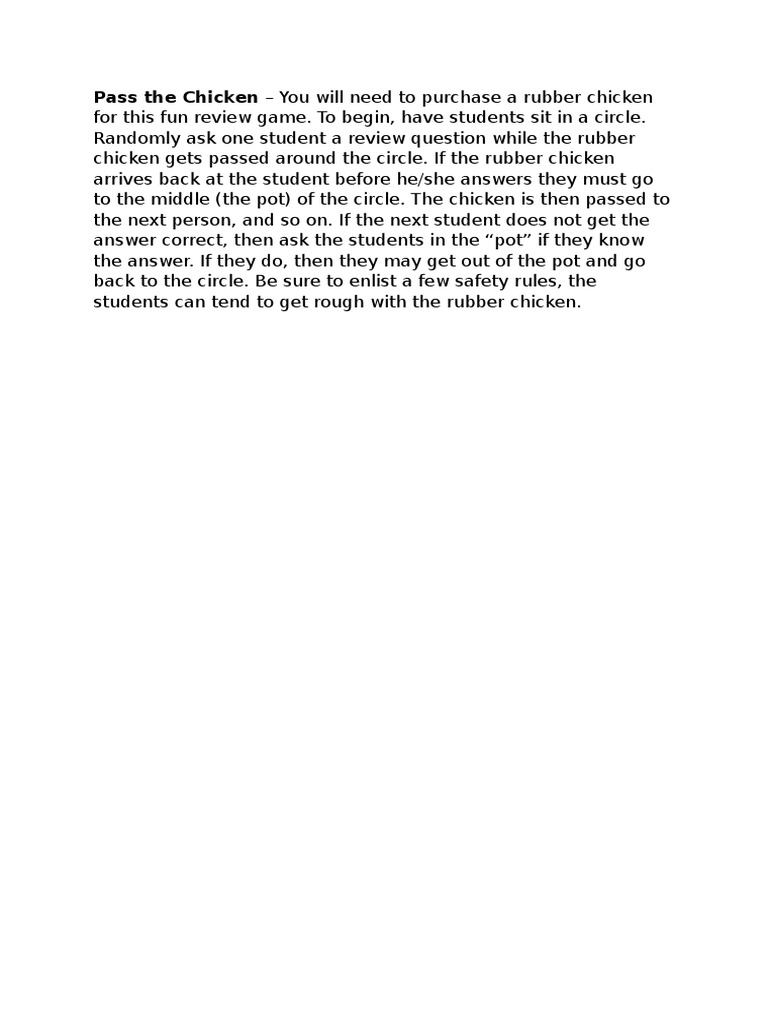 Pass the Chicken Review Game | PDF | Language Arts & Discipline | Self ...