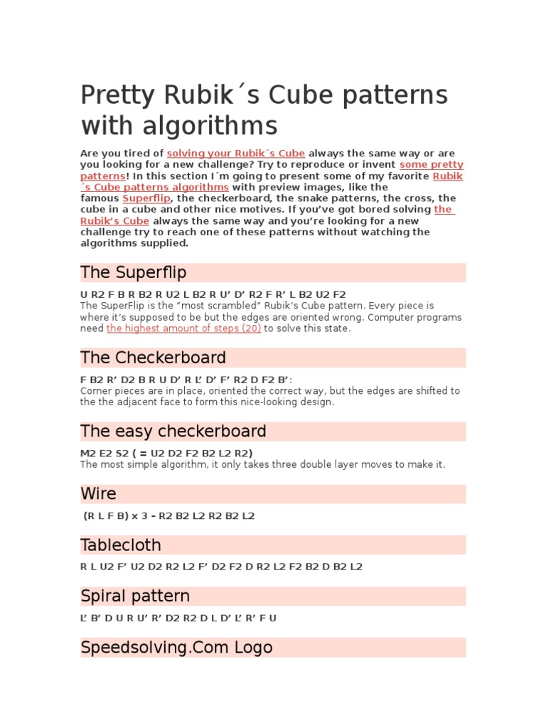 Pretty Rubik S Cube Patterns With Algorithms | PDF | Recreational Mathematics | Logic Puzzles