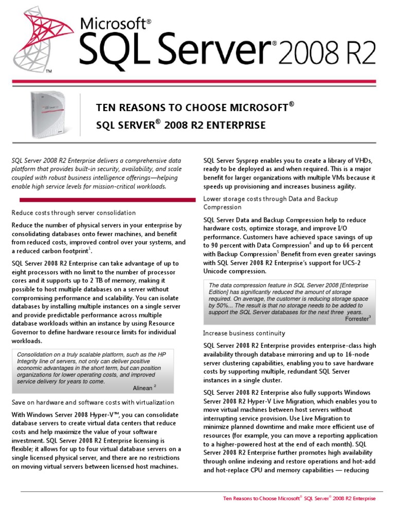 SQL Server 2008 R2 Enterprise Datasheet | PDF | Microsoft Sql Server | Hyper V