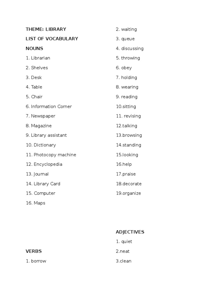 Library Vocabulary List: Nouns, Verbs, Adjectives | PDF
