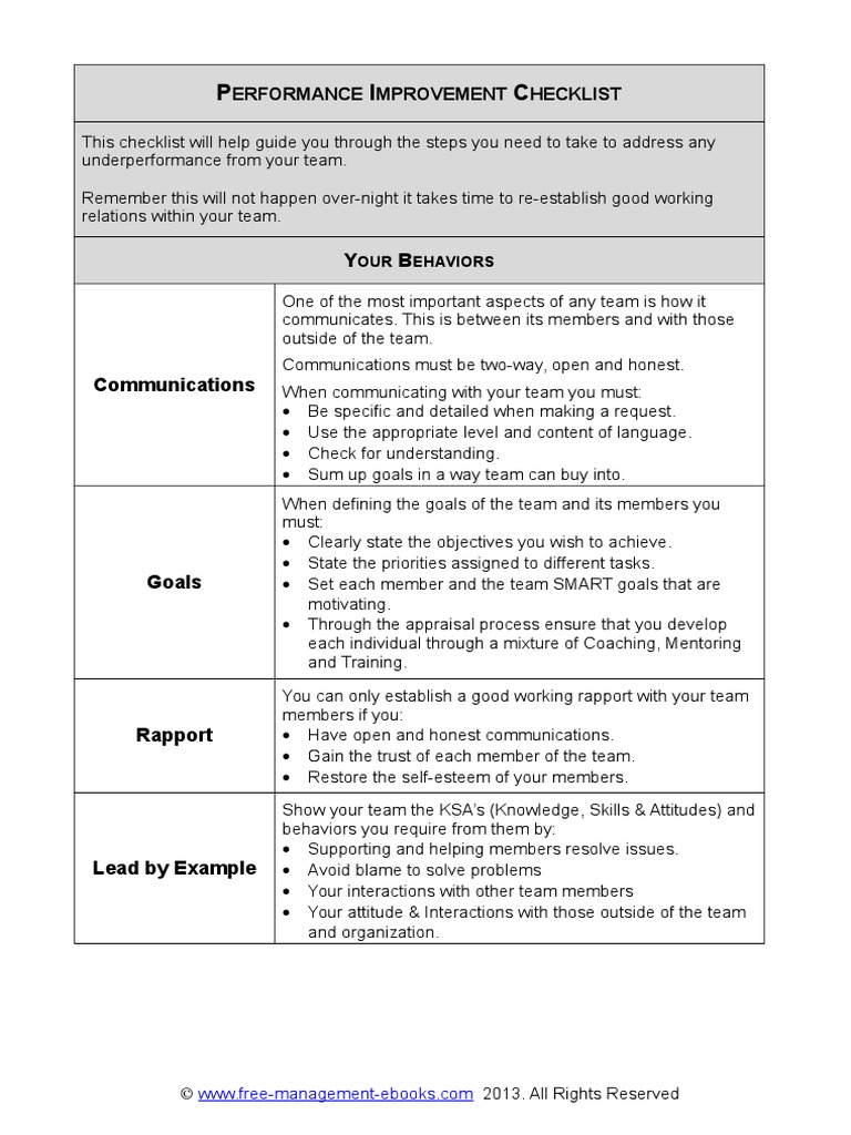 Fme Performance Improvement Checklist | Performance Appraisal | Motivation