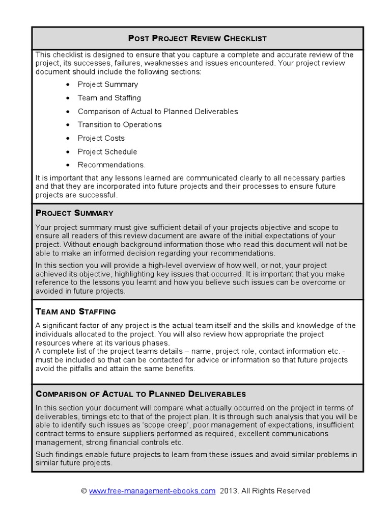 Fme Post Project Review Checklist | PDF | Change Management | Project ...