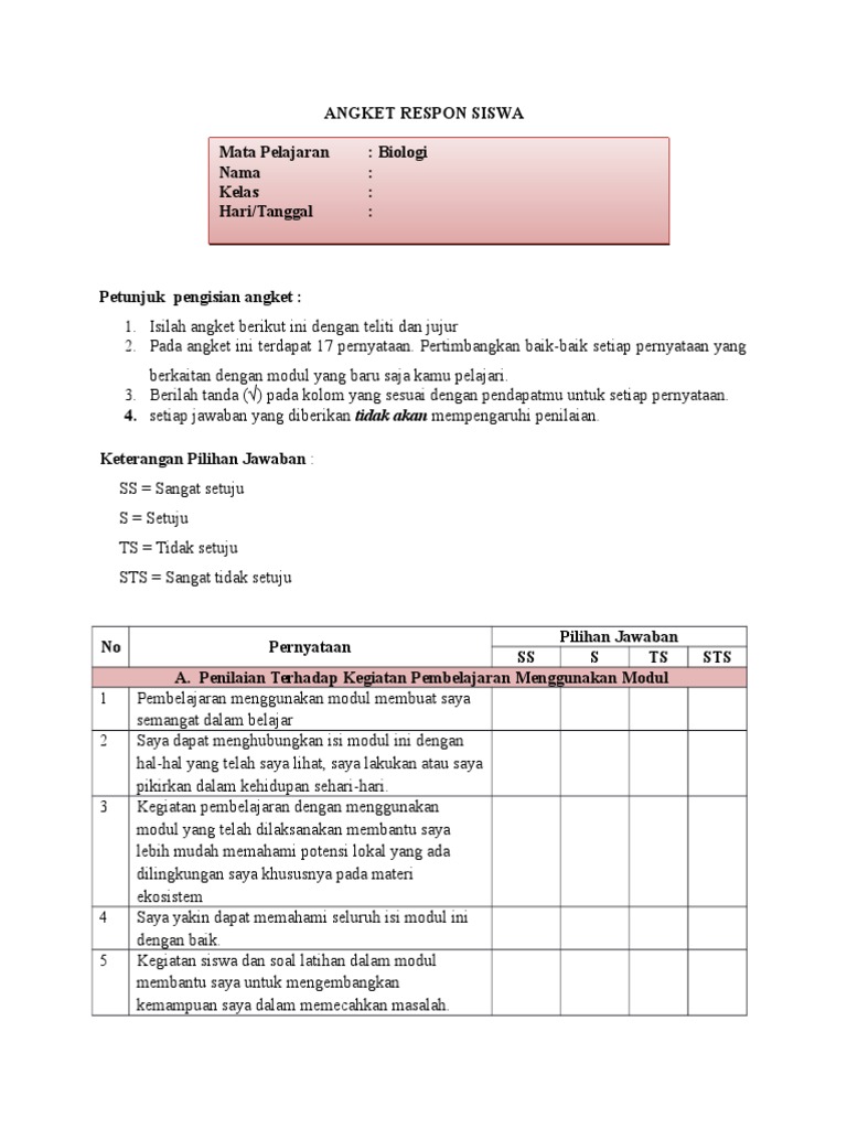 Instrumen Angket Respon Siswa | PDF
