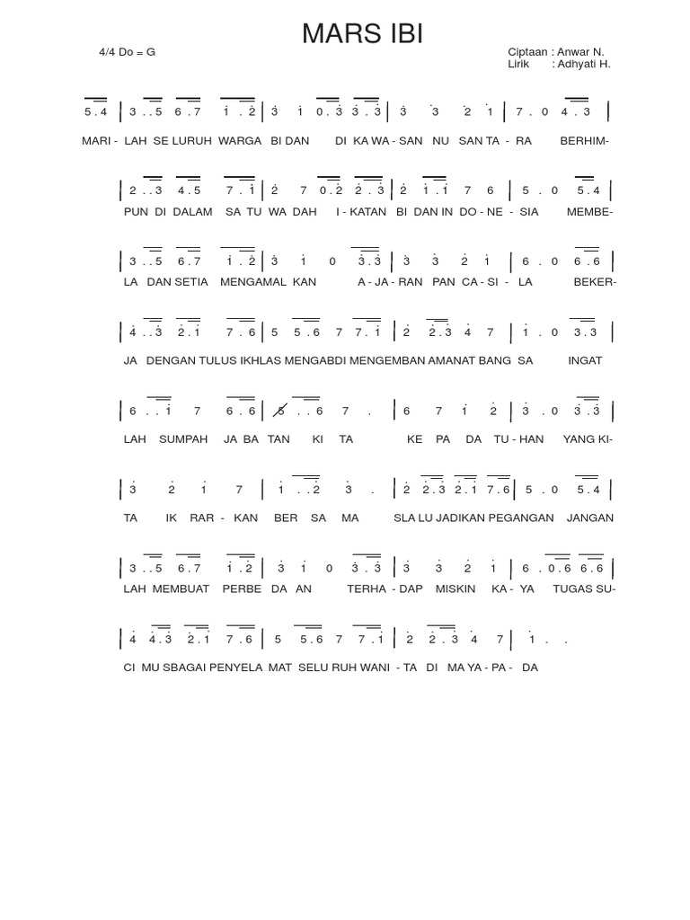 Notasi Balok Dan Angka Hymne Dan Mars IBI | PDF