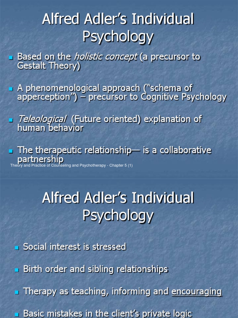 Adler's Individual Psychology Overview | PDF | Psychotherapy | Psychology