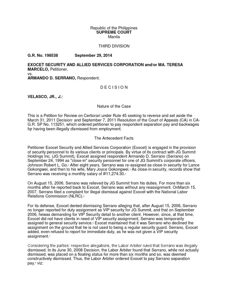 Exocet Security Dismissal Case Ruling | PDF | Security Guard | Employment