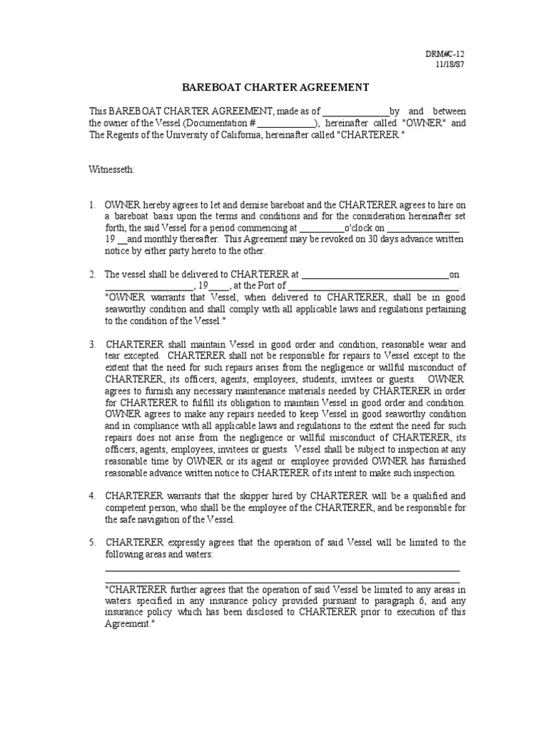 Bareboat Charter Agreement | PDF | Indemnity | Insurance