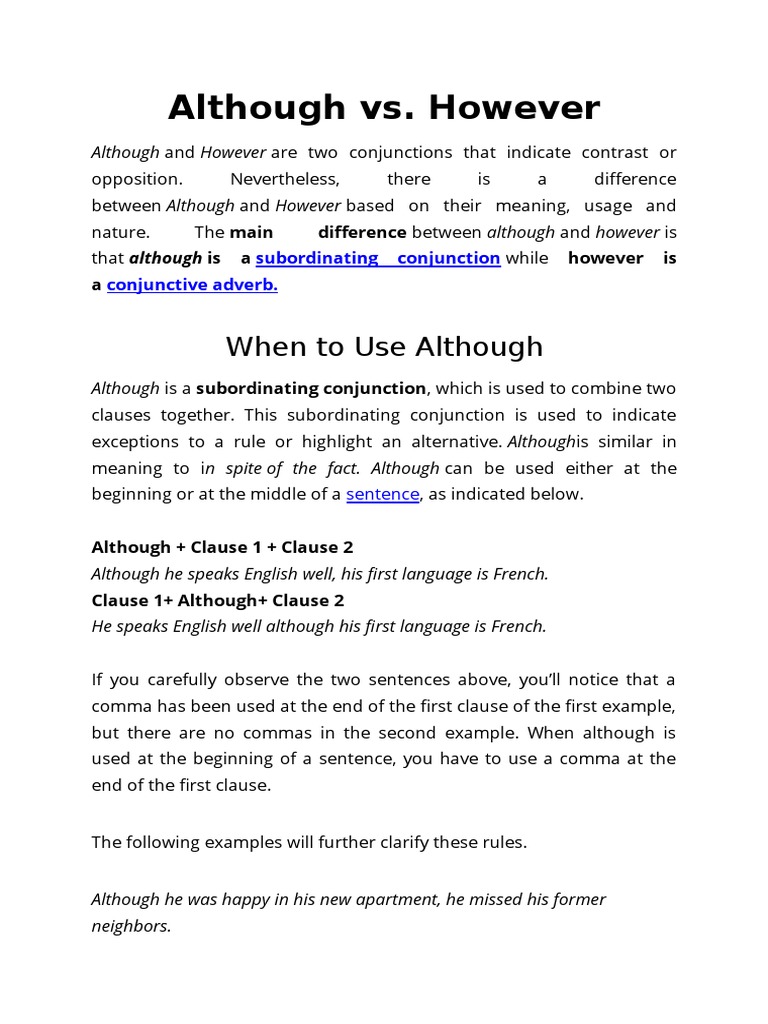 Although and However | Download Free PDF | Comma | Clause