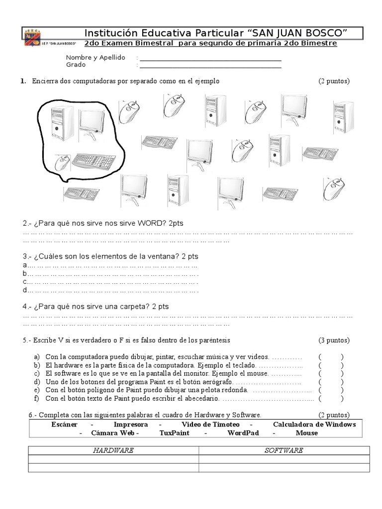 Examen-computacion 2do d Primaria | Hardware de la computadora | Tabla (base de datos) | Prueba ...