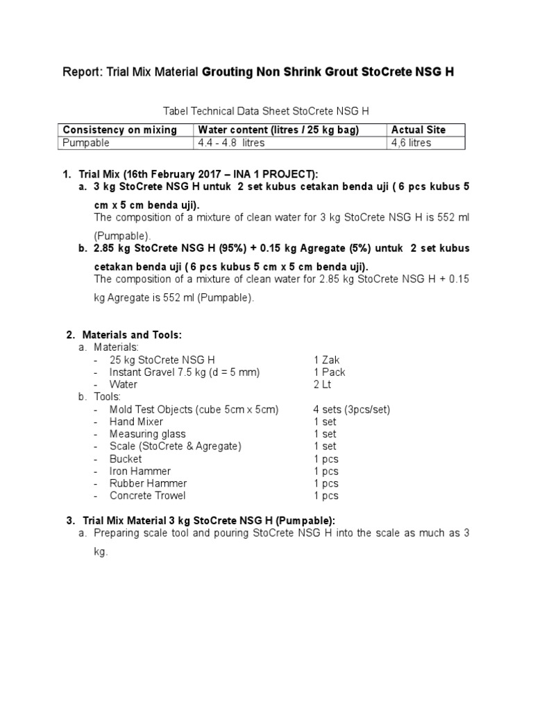 REPORT - Trial Mix Material Grout (Pumpable) | Concrete | Industries