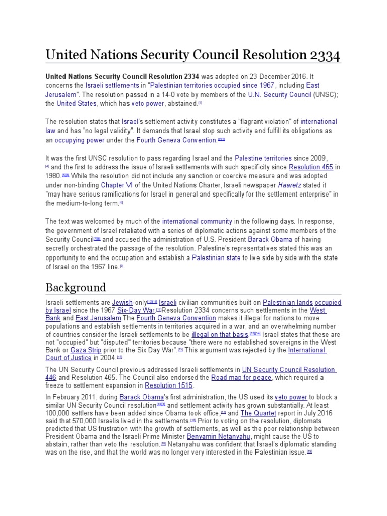 United Nations Security Council Resolution 2334 | PDF | Palestinian ...