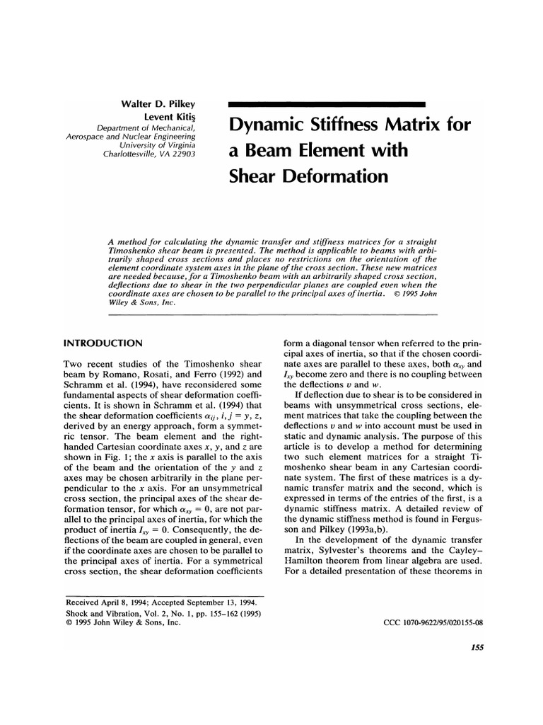 Dynamic Stiffness Matrix For A Beam Element With Shear Deformation ...