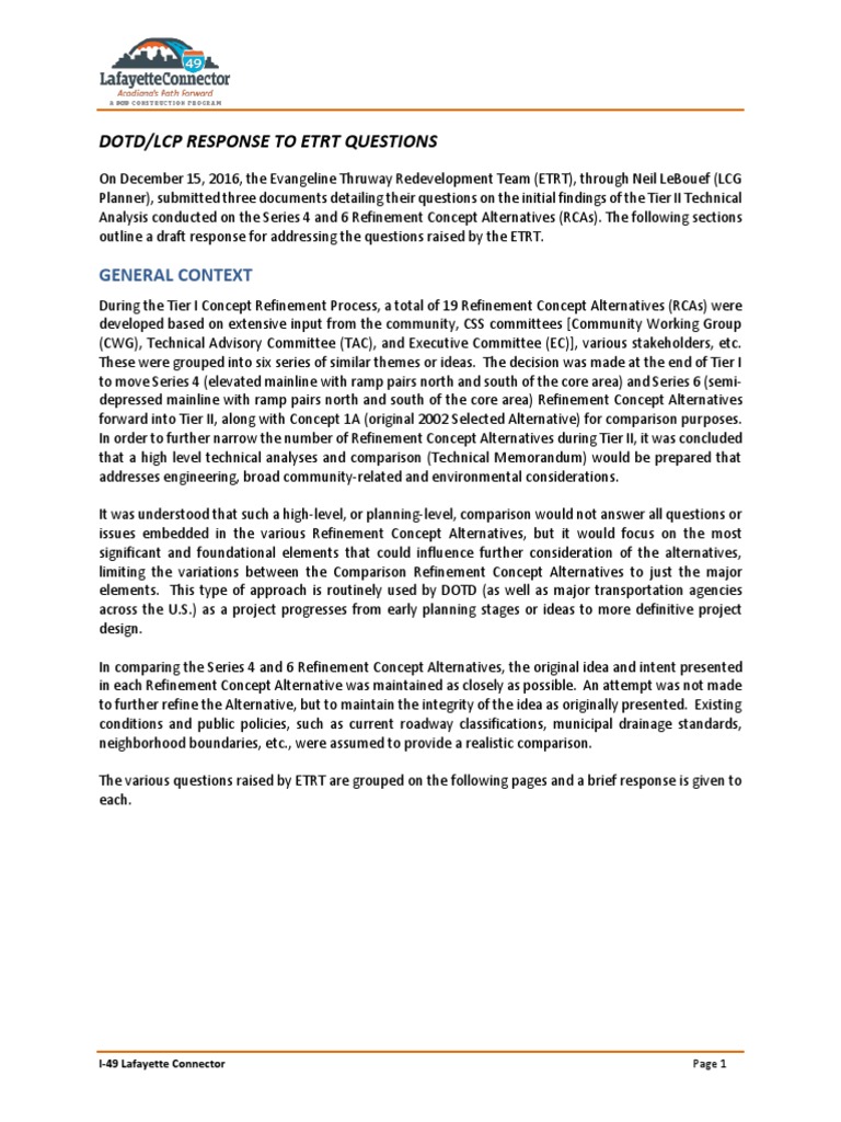 LADOTD-LCP Response To ETRT Concerns Re: I-49 Connector Project | PDF ...