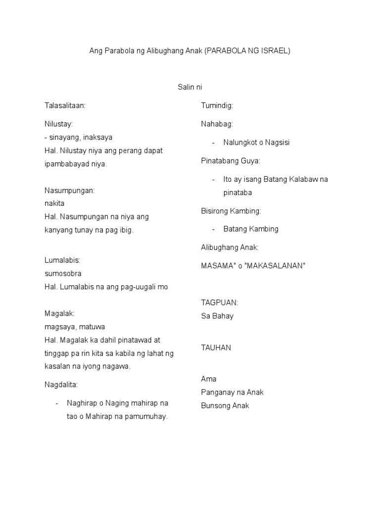 Ang Parabola NG Alibughang Anak (FILIPINO MINI - TASK) 3.1 B | PDF