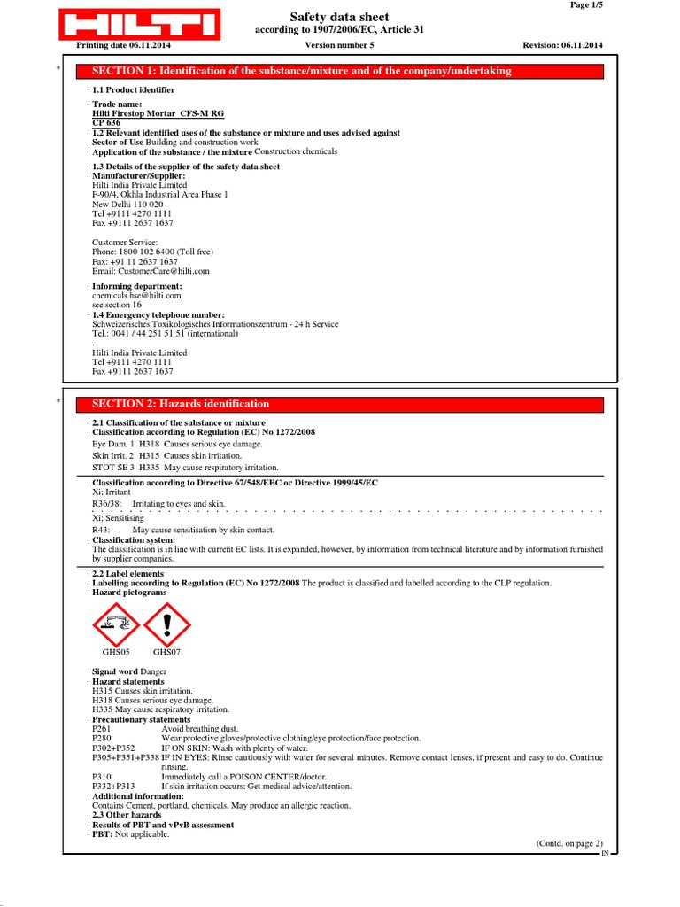 Msds Hilti CP 636 | PDF | Dangerous Goods | Safety