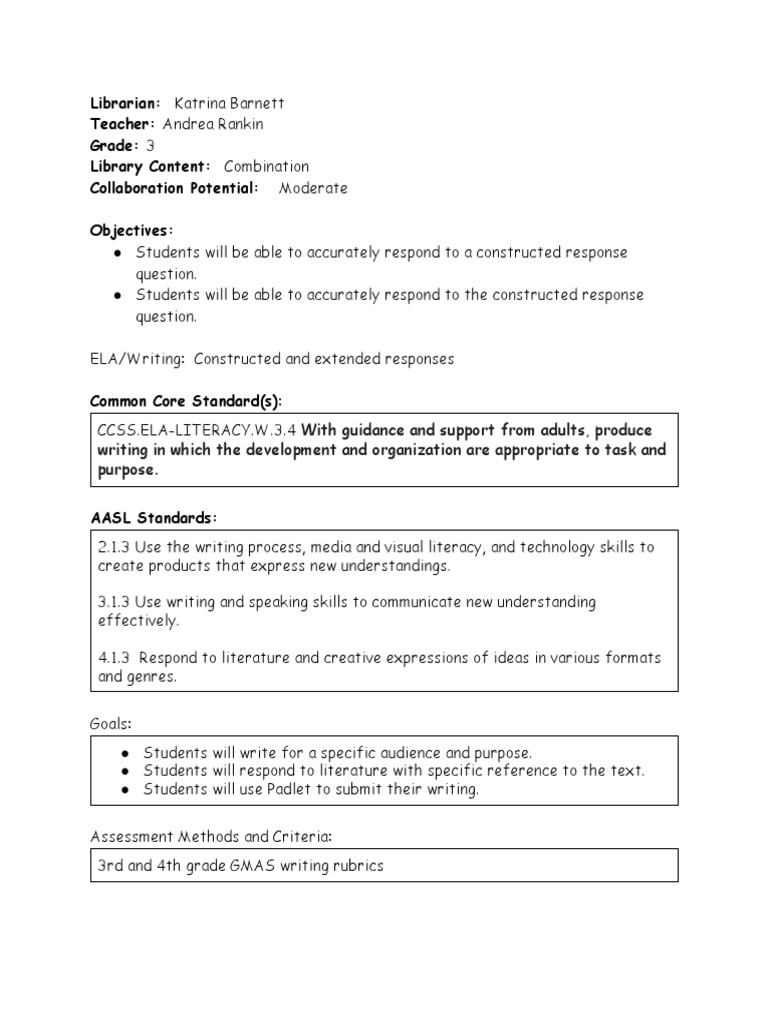 Librarian: Katrina Barnett Teacher: Andrea Rankin Grade: 3 Library ...