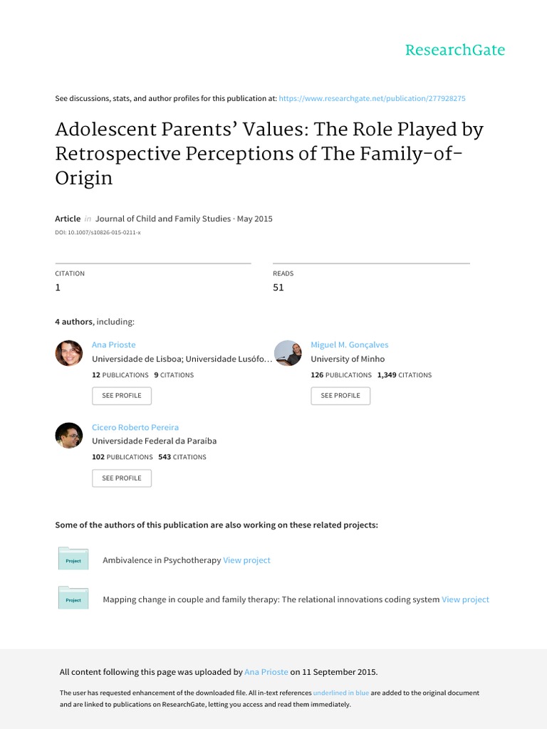 Adolescent Parents' Values: The Role Played by Retrospective ...