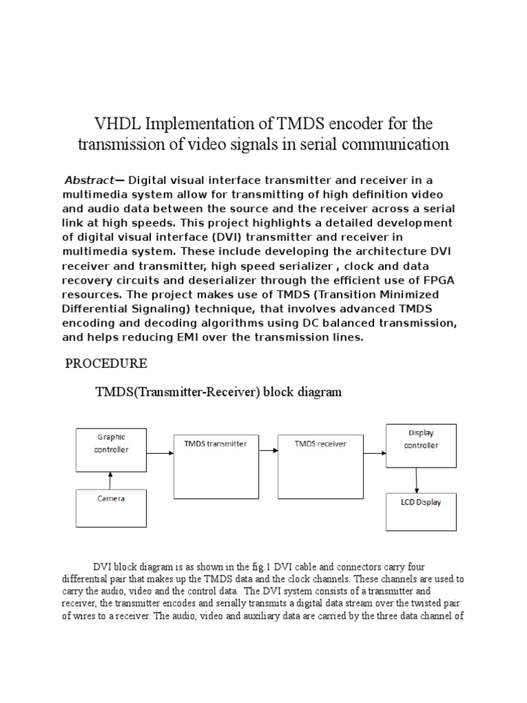 VHDL Implementation of TMDS Encoder For The Transmission of Video Signals in Serial ...