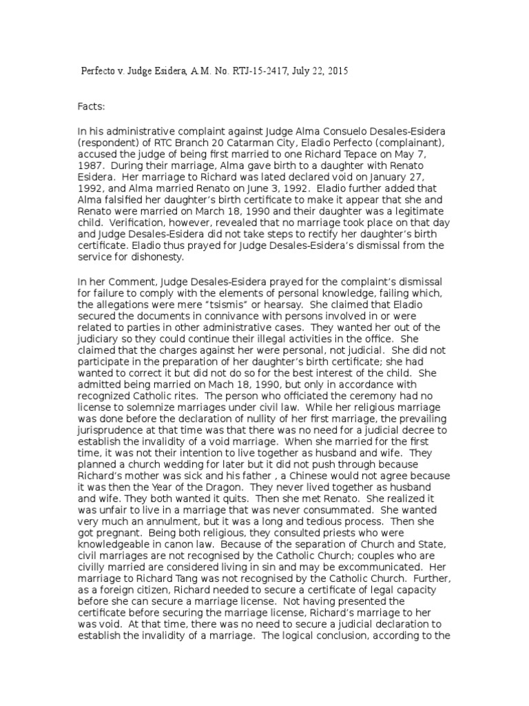 Perfecto v. Judge Esidera, A.M. No. RTJ-15-2417, July 22, 2015 | PDF ...