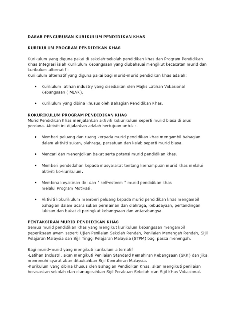 Dasar Program Pendidikan Khas Kementerian Pelajaran Malaysia | PDF