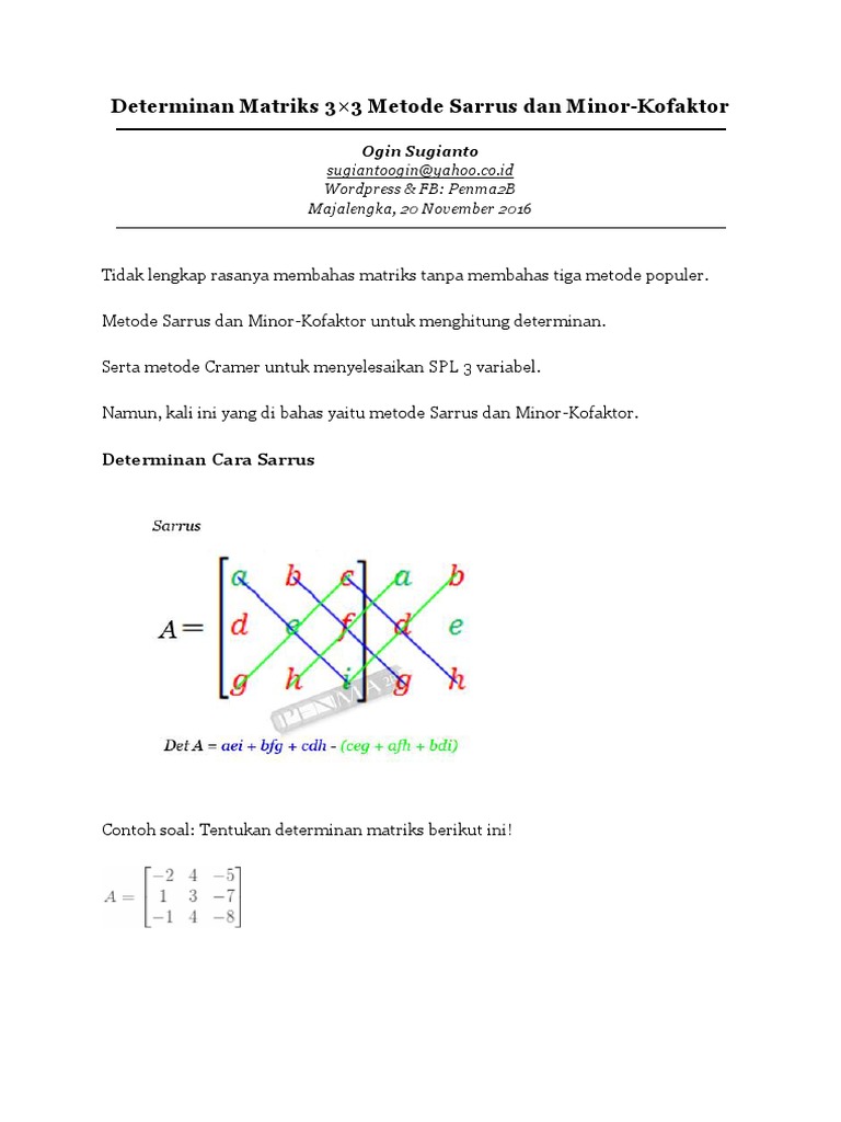 Determinan Matriks 3x3 Metode Sarrus Dan Minor-Kofaktor | PDF