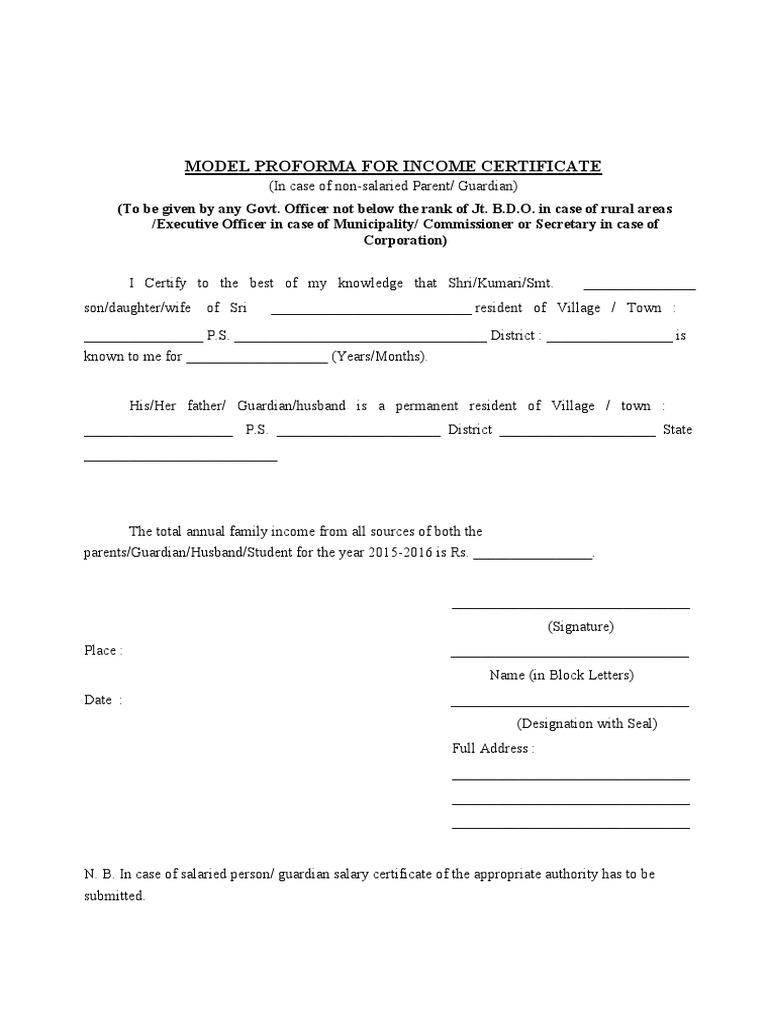 Model Proforma For Income Certificate | PDF