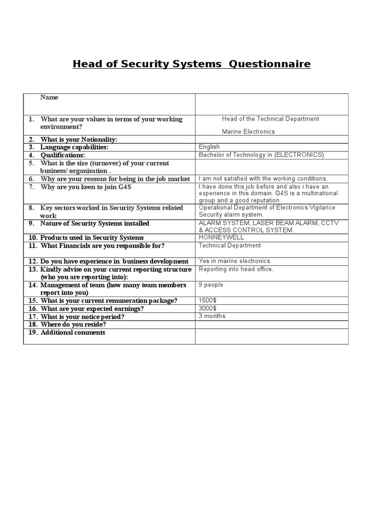 Head of Systems Questionnaire | PDF | Business | Computers