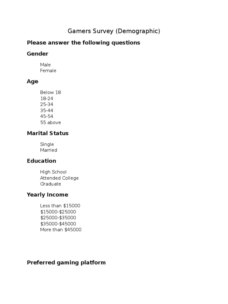 Gamer Demographics Survey Questions | PDF