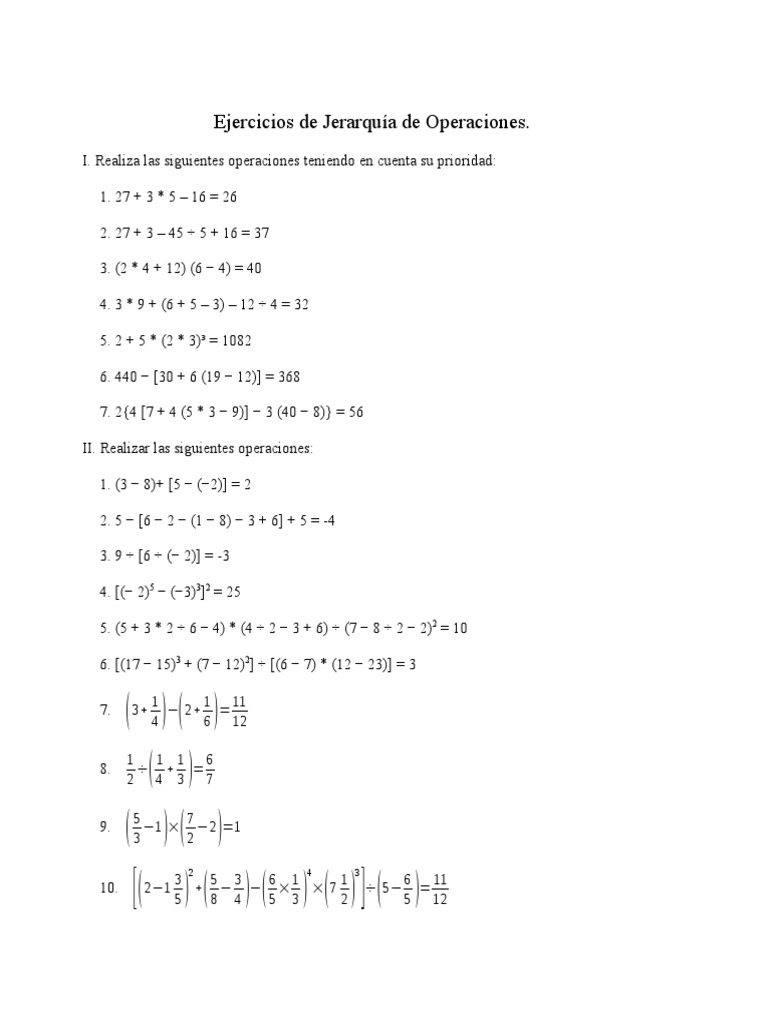 Ejercicios Jerarquia De Operaciones Pdf