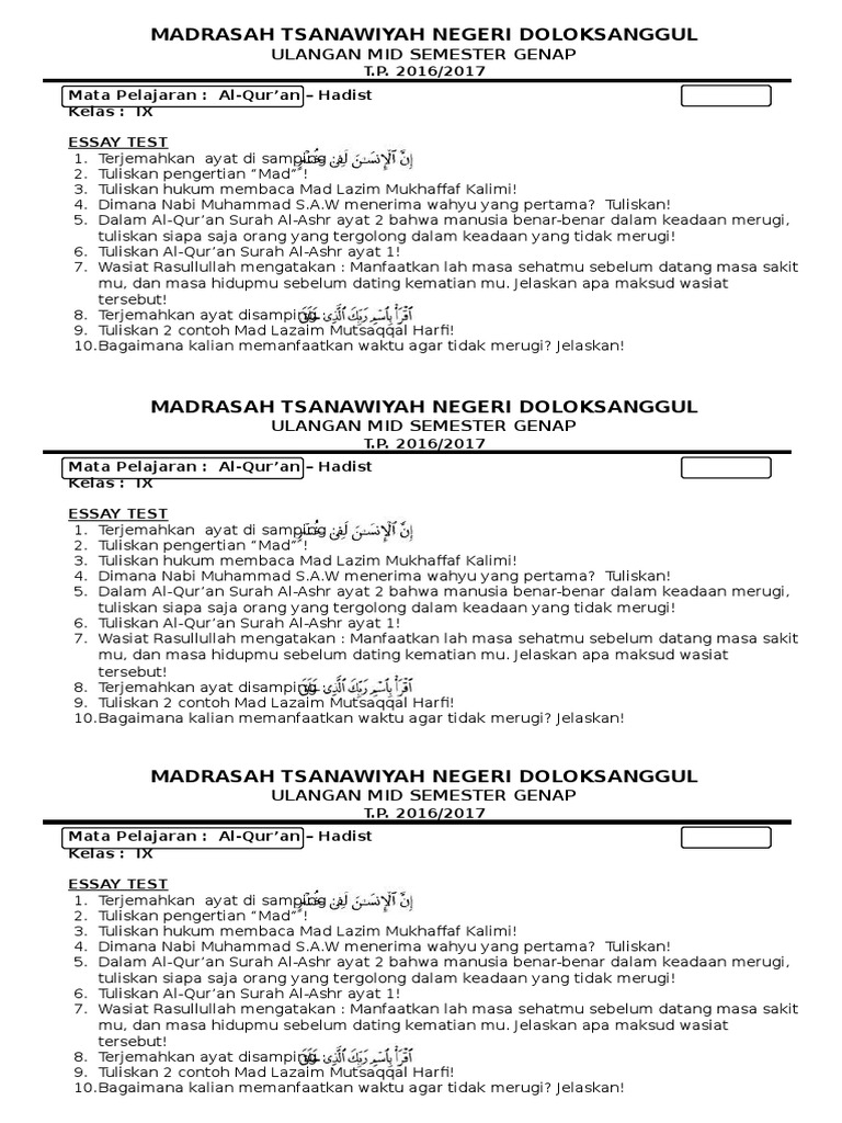 Soal Mid Semester Genap Qurdis Kelas Xi | PDF | Agama & Spiritualitas