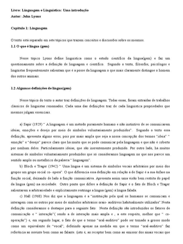 Resumo Lyons - Lingua (Gem) e Linguística - Completo-1 | PDF | Gramática | Linguagem natural