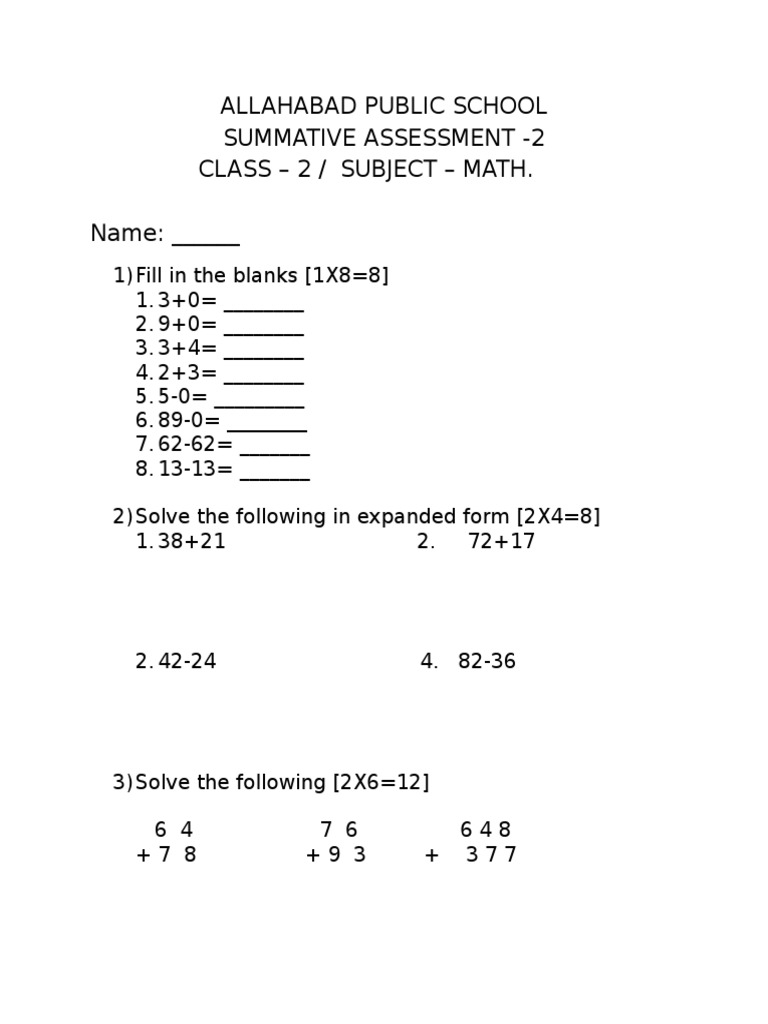 Allahabad Public School Summative Assessment - 2 Class - 2 / Subject ...