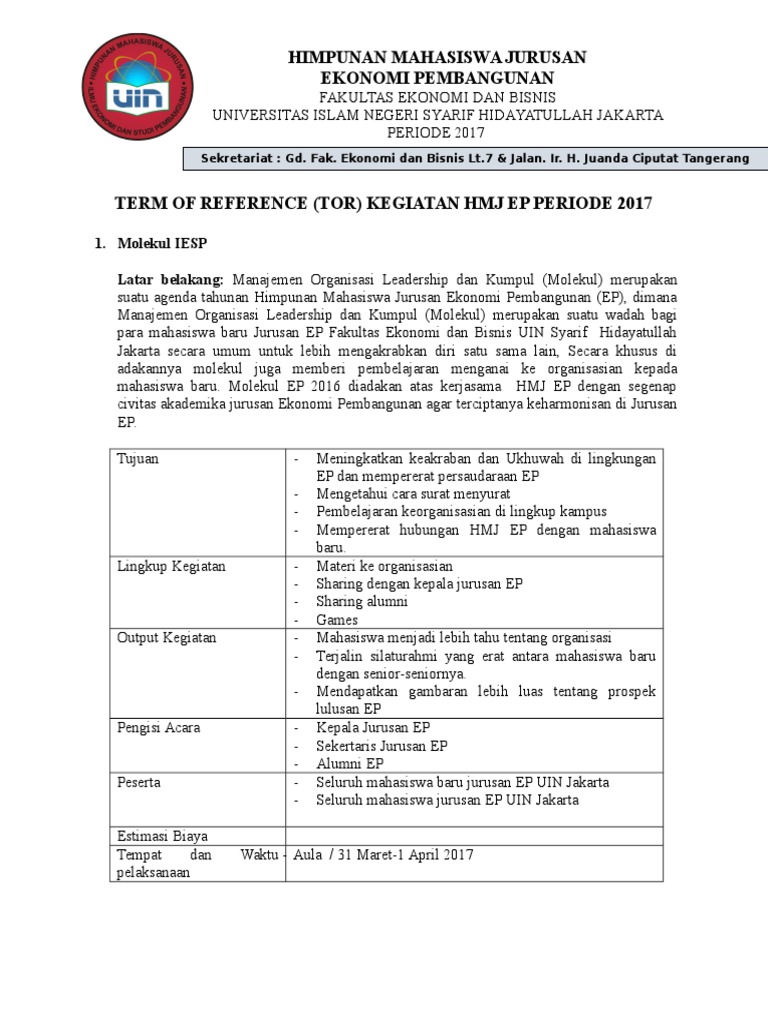 Contoh Term of Reference Kegiatan HMJ EP | PDF | Karier & Perkembangan