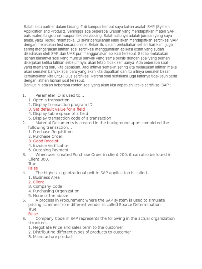Contoh Soal Sertifikasi SAP Fundamental 01 | PDF | Akuntansi | Business