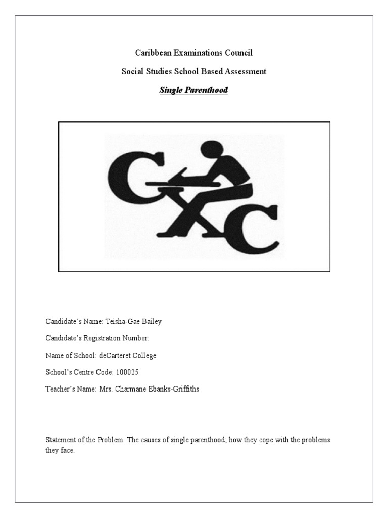 Social Studies SBA | Single Parent | Percentage