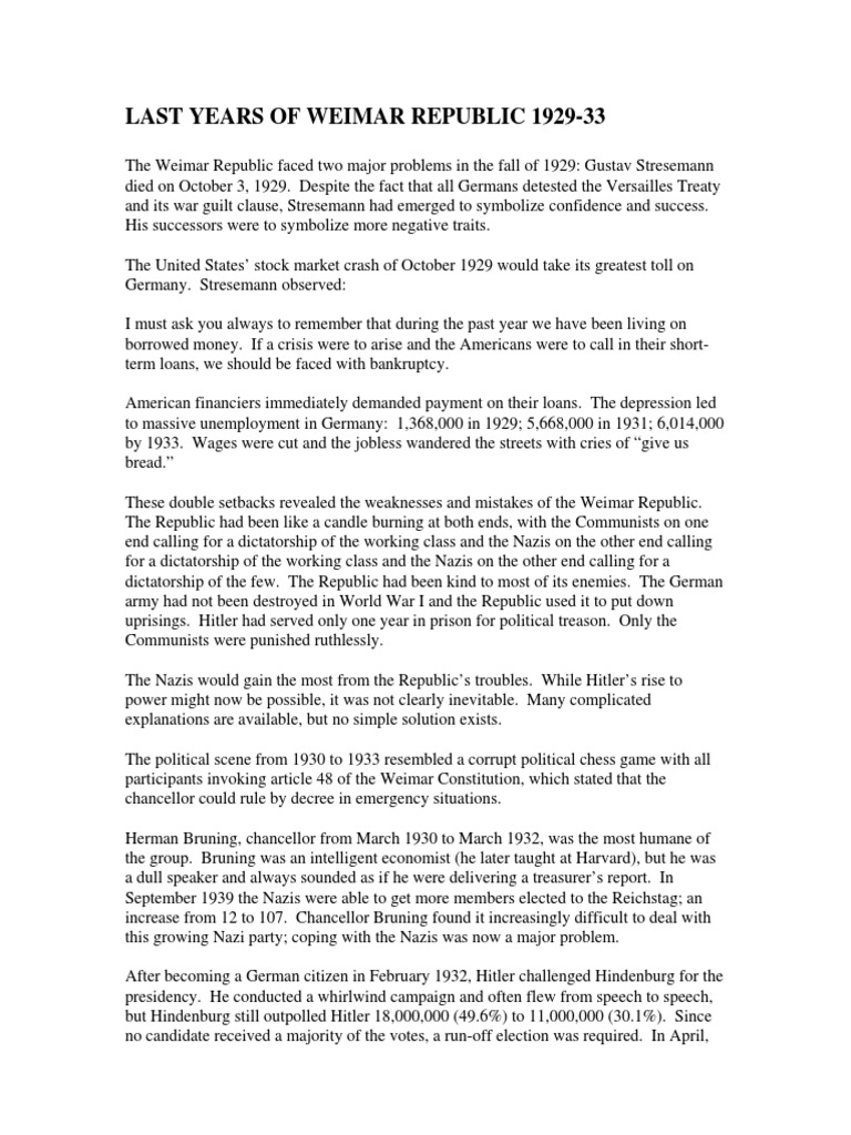 Weimar Republic Collapse 1929-33 | PDF | Weimar Republic | Politics Of ...
