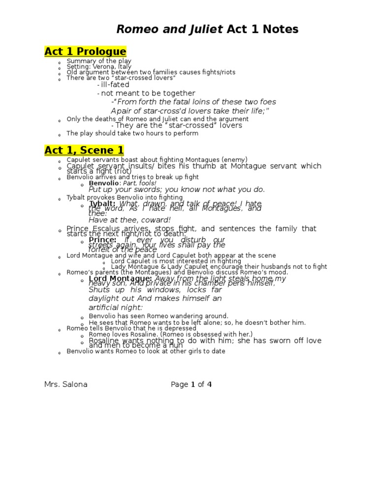 R J Act 1 Summary Notes | PDF | Characters In Romeo And Juliet | Juliet