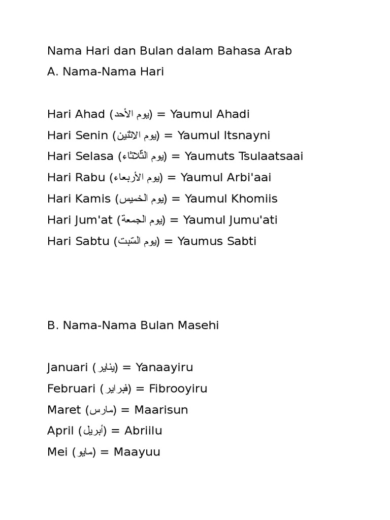 Nama Hari Dan Bulan Dalam Bahasa Arab | PDF