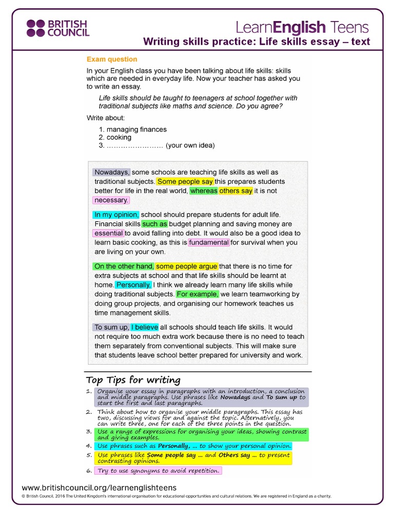 Life Skills Essay Writing Guide | PDF