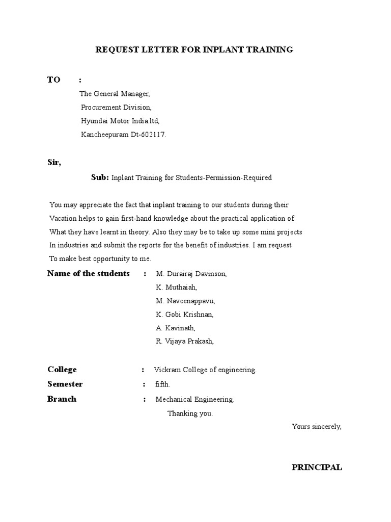 Inplant Training Request for Students | PDF