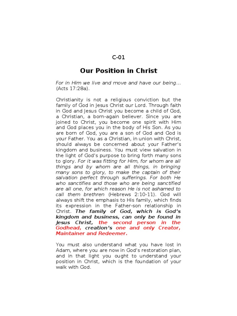 C-01 Our Position in Christ | PDF | Heaven | Grace In Christianity