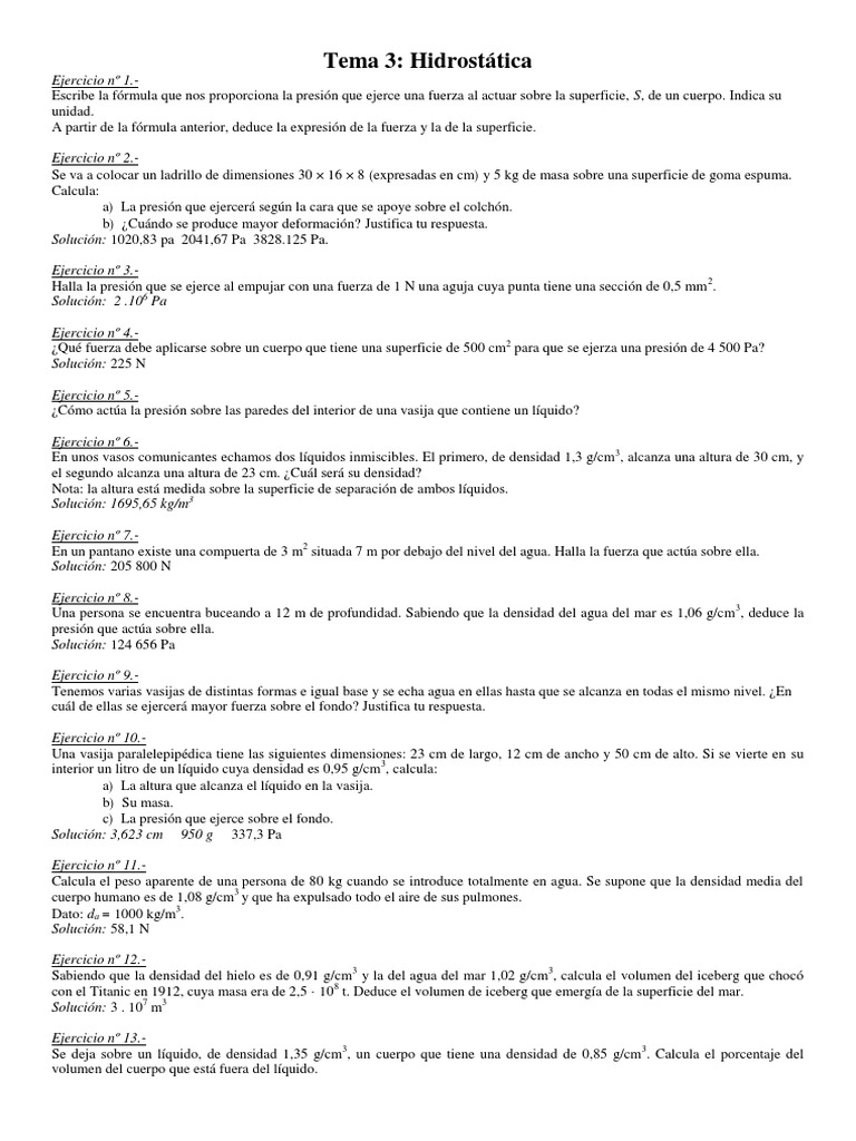 Ejercicios Tema 3 Fyq | PDF | Densidad | Presión